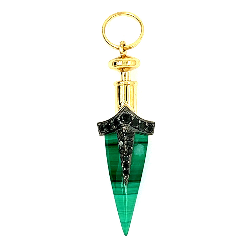14k Yellow Gold Malachite Black Diamond Sword Charm